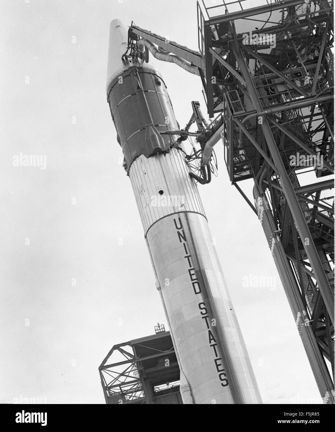 This image shows the Atlas Centaur rocket during a fueling test at ...