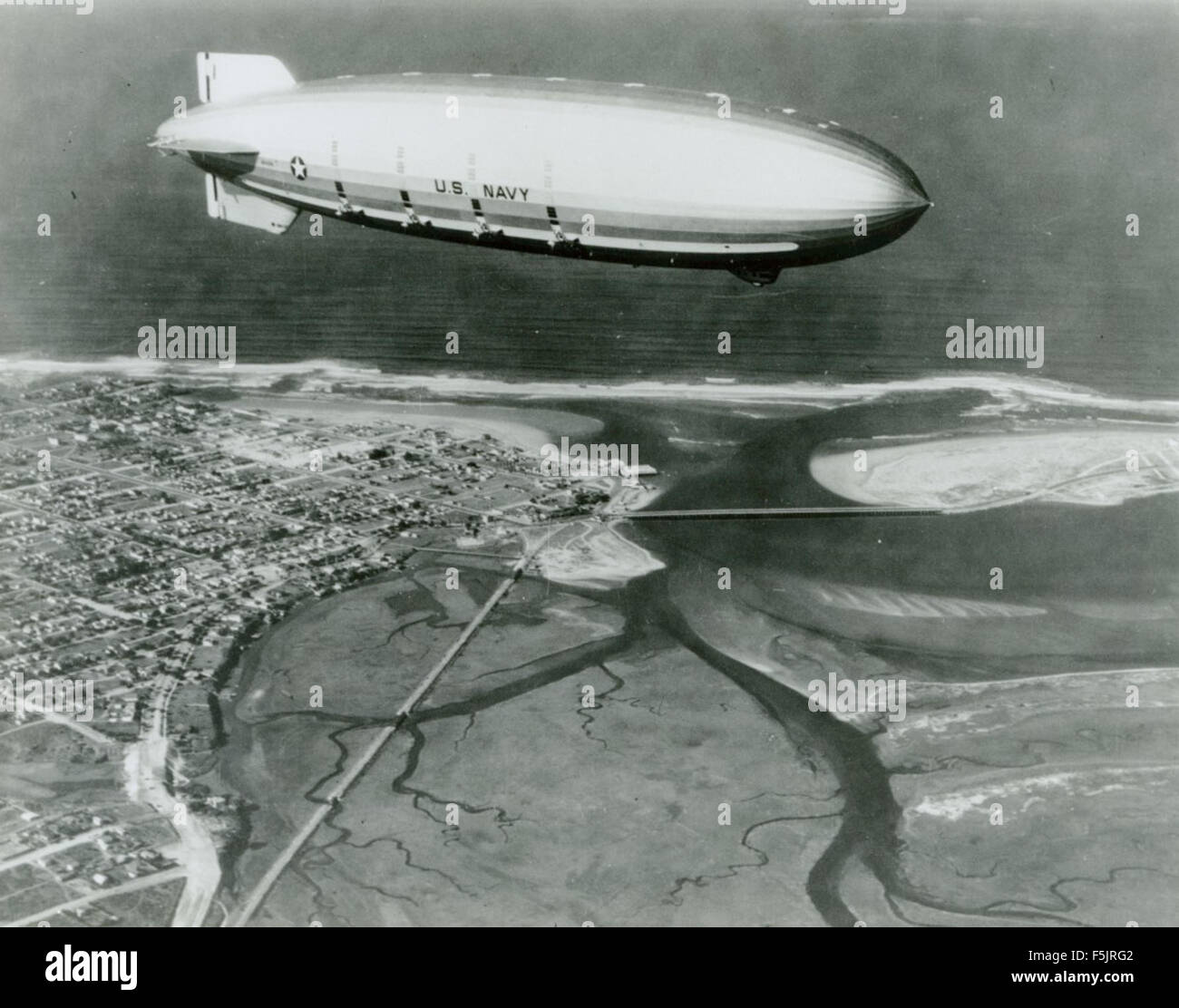 The USS Macon, a U.S. Navy airship, flies over Mission Bay in February ...
