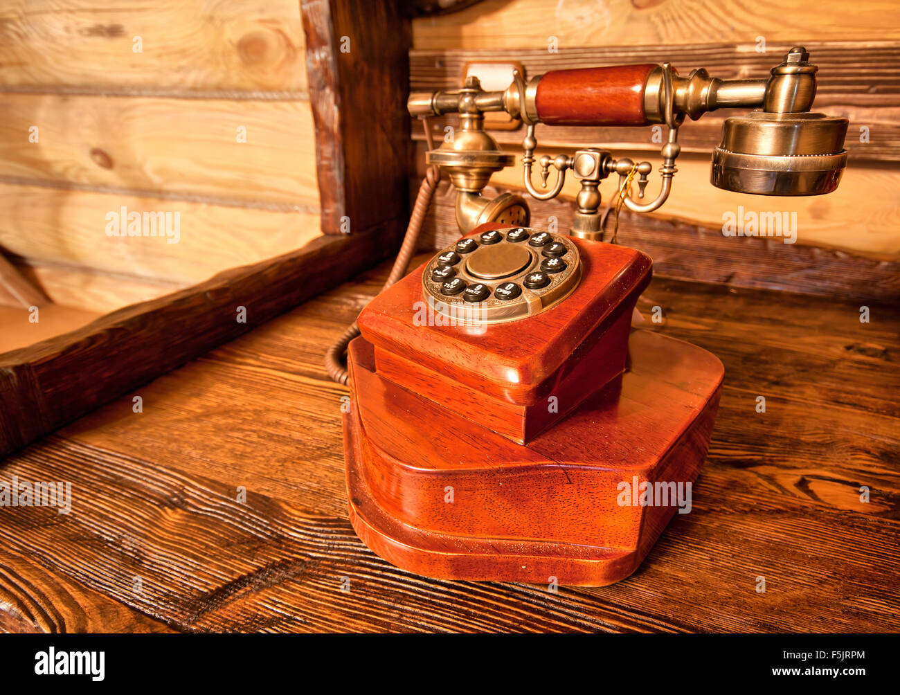 Luxury vintage interior - wooden telephone on the table Stock Photo - Alamy