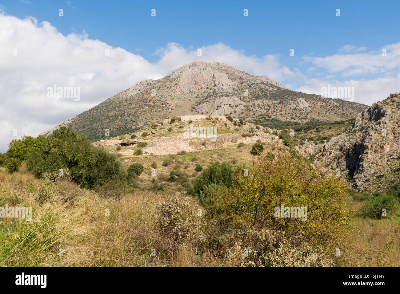 Distant ruins of the ancient city of Mycenae. The archaeological sites ...