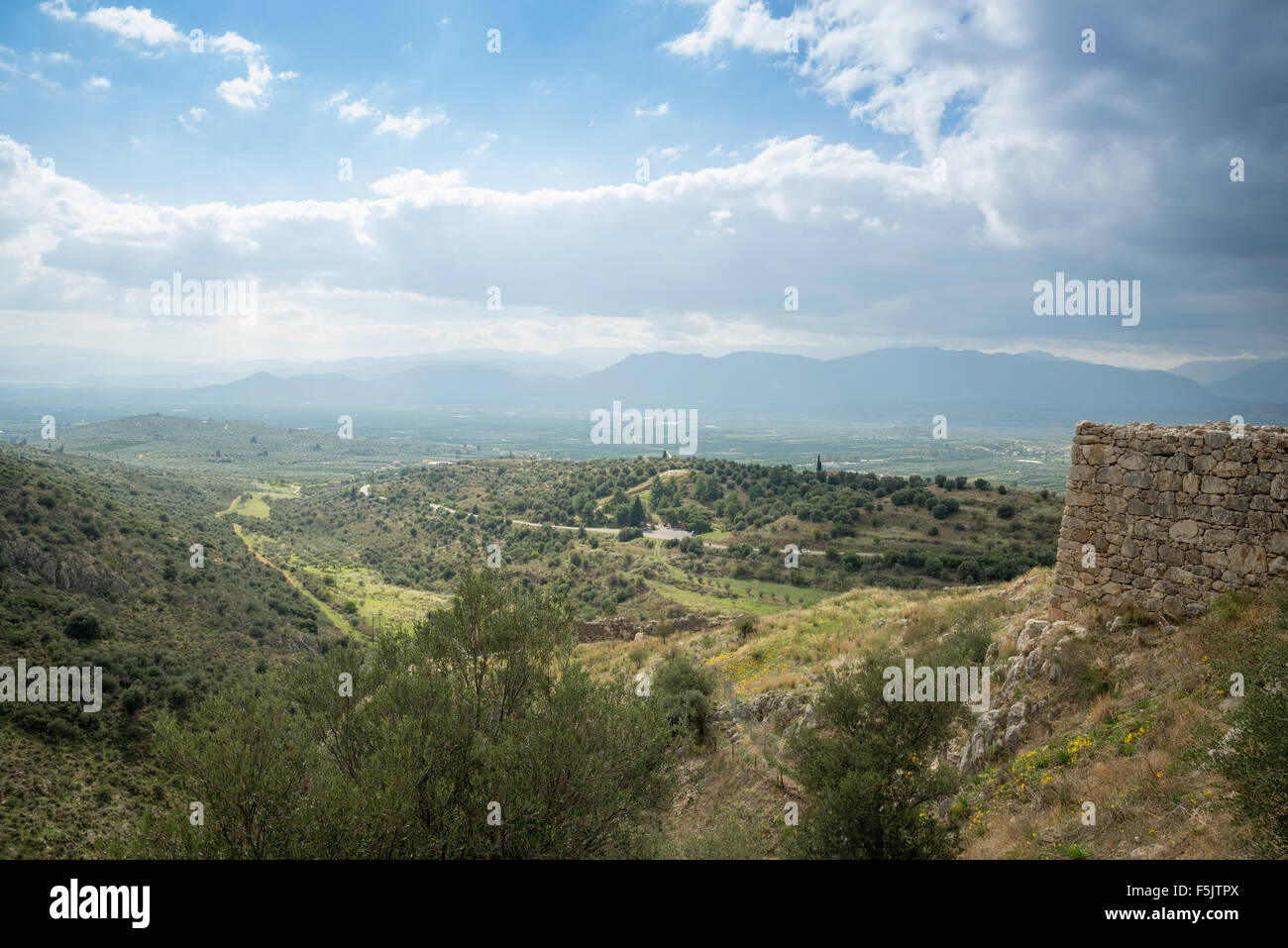 Greek countryside landscape from the archaeological site of Mycenae and ...