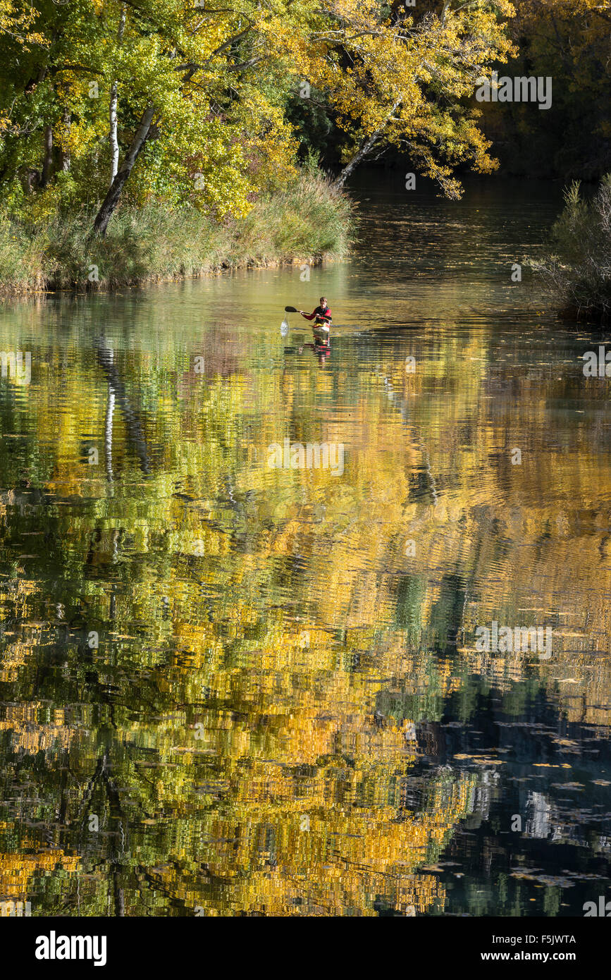 Kayaking in the Autumn on the River Jucar in the Hoz del Jucar gorge at ...