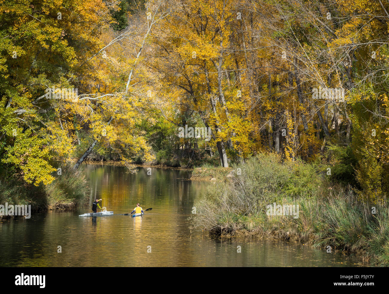 Kayaking in the Autumn on the River Jucar in the Hoz del Jucar gorge at ...