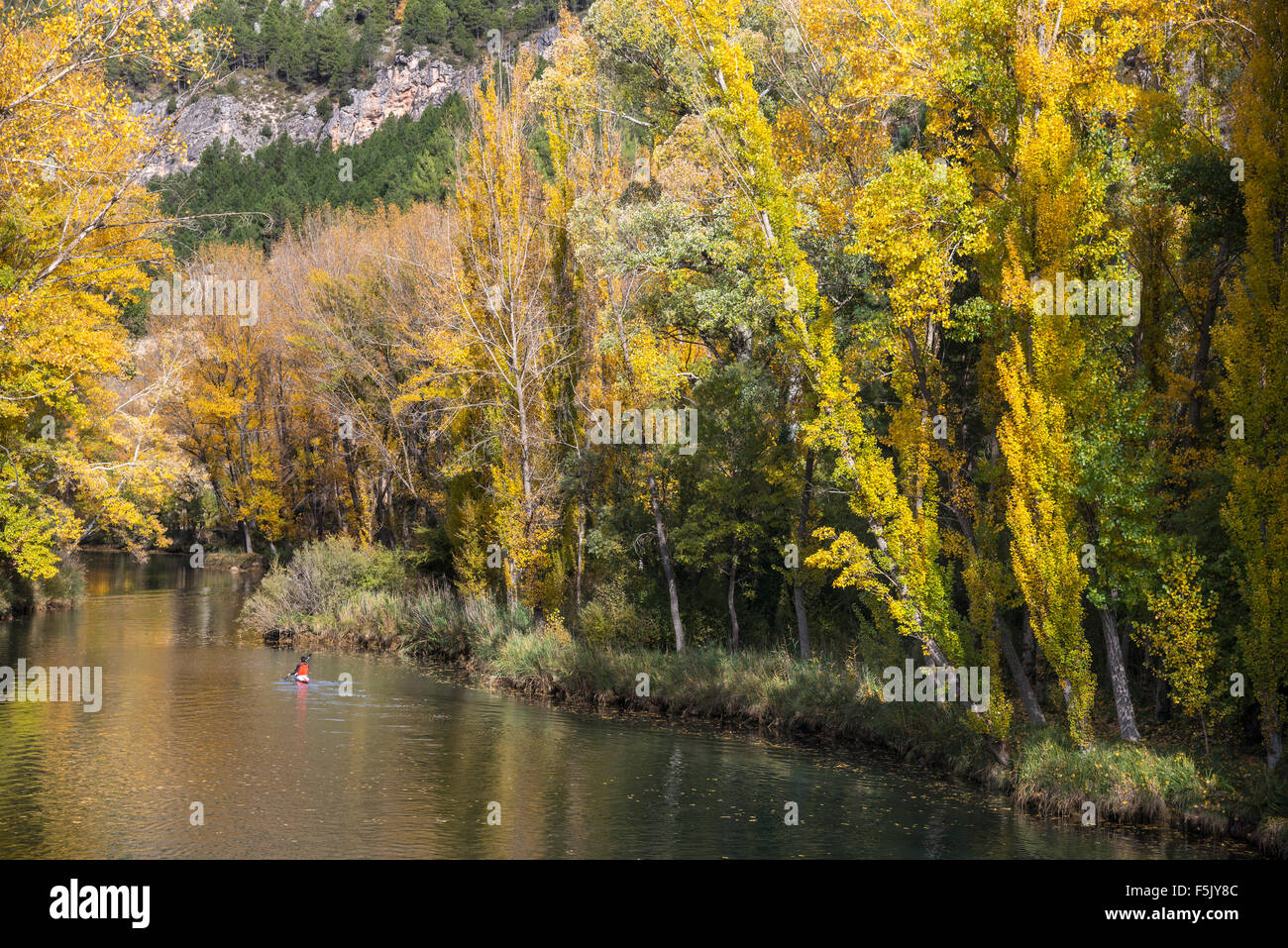 Kayaking in the Autumn on the River Jucar in the Hoz del Jucar gorge at ...