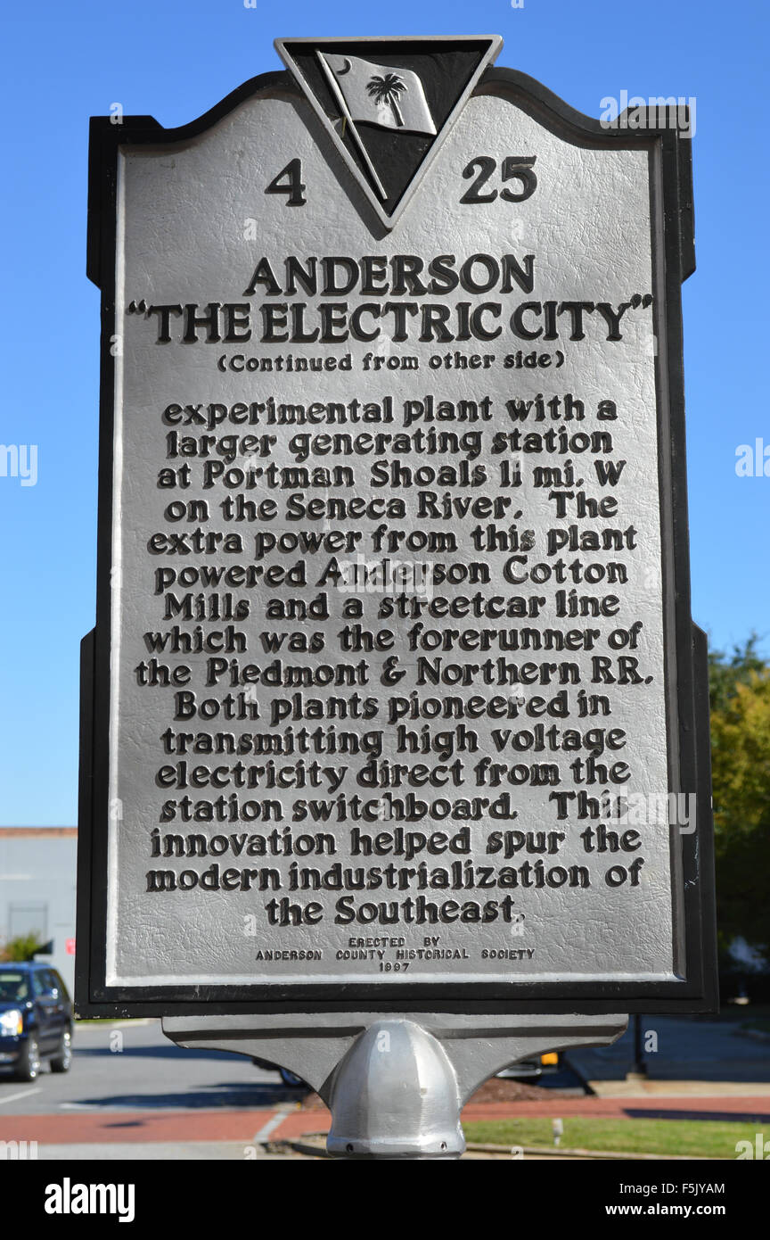 A Marker describing the city of Anderson as the Electric City Stock ...