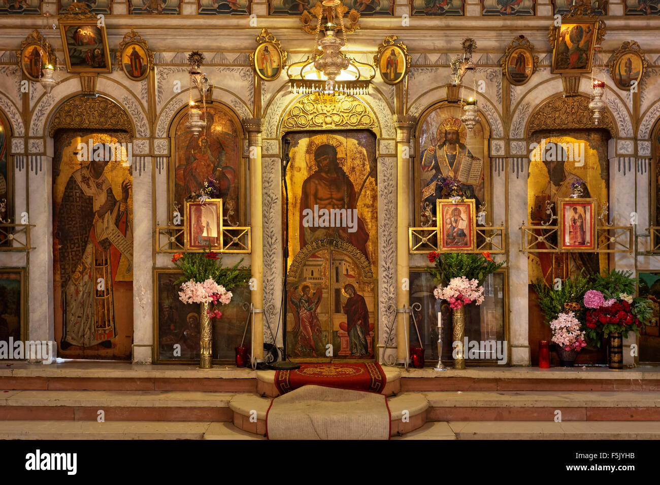 Greek Orthodox altar in the monastery church, monastery of Panagia ...