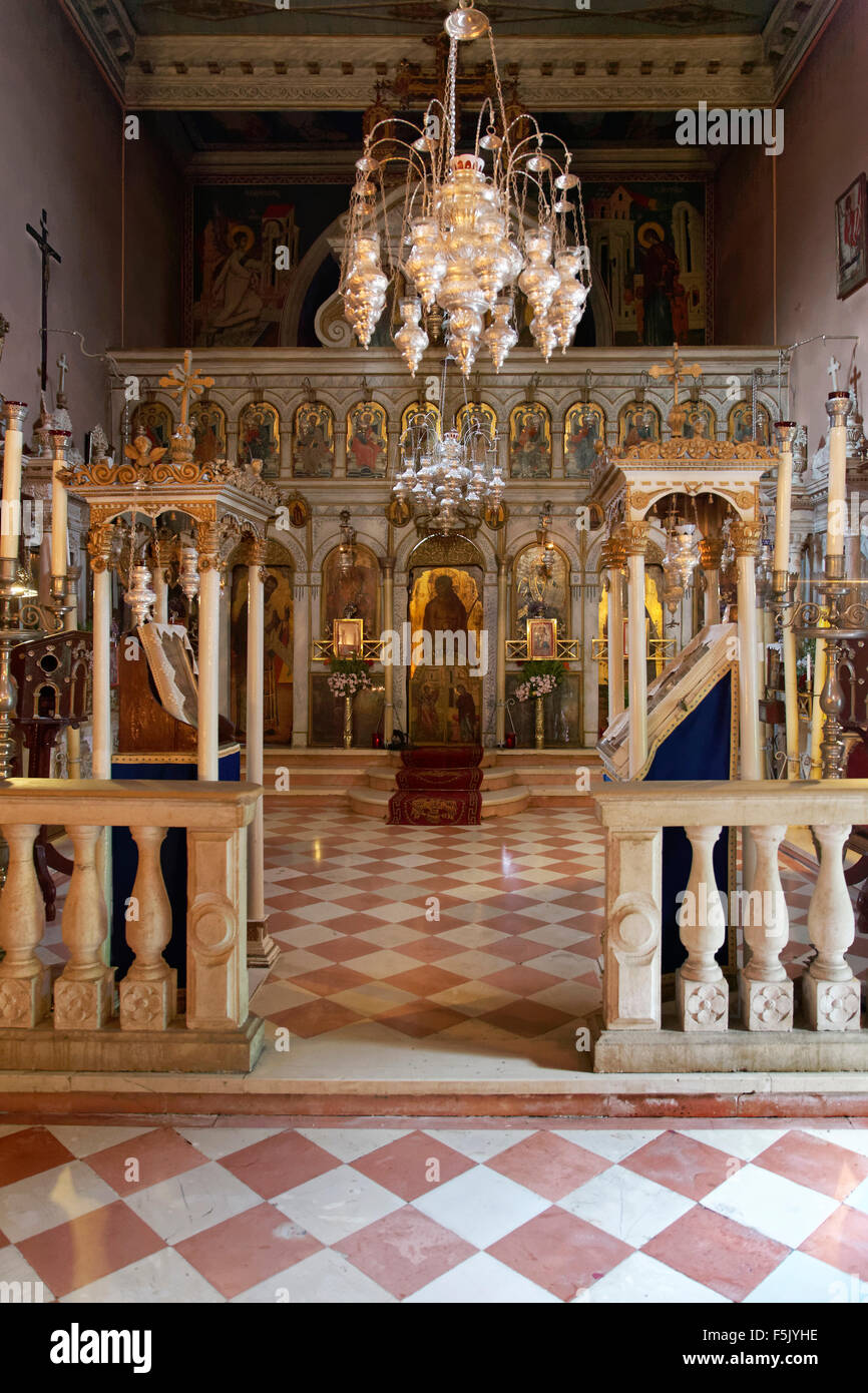 Greek Orthodox altar in the monastery church, monastery of Panagia ...