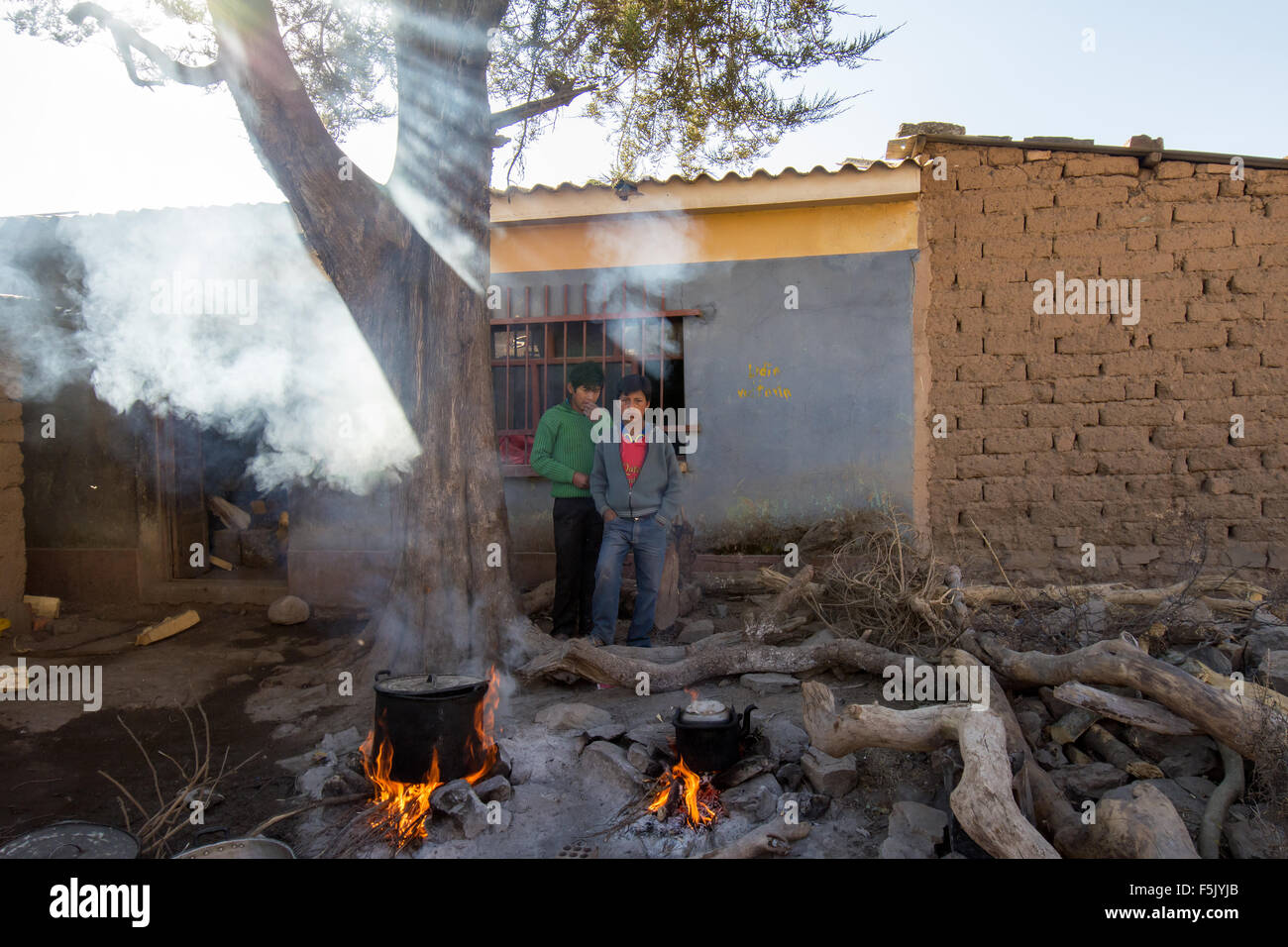 Preparation of breakfast, open fire, boarding school, Potosi, Bolivia ...