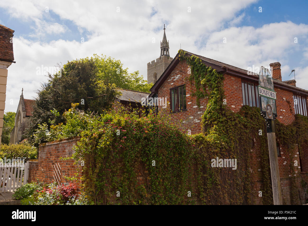 Village sign and St Mary's church, Boxford, Suffolk Stock Photo - Alamy