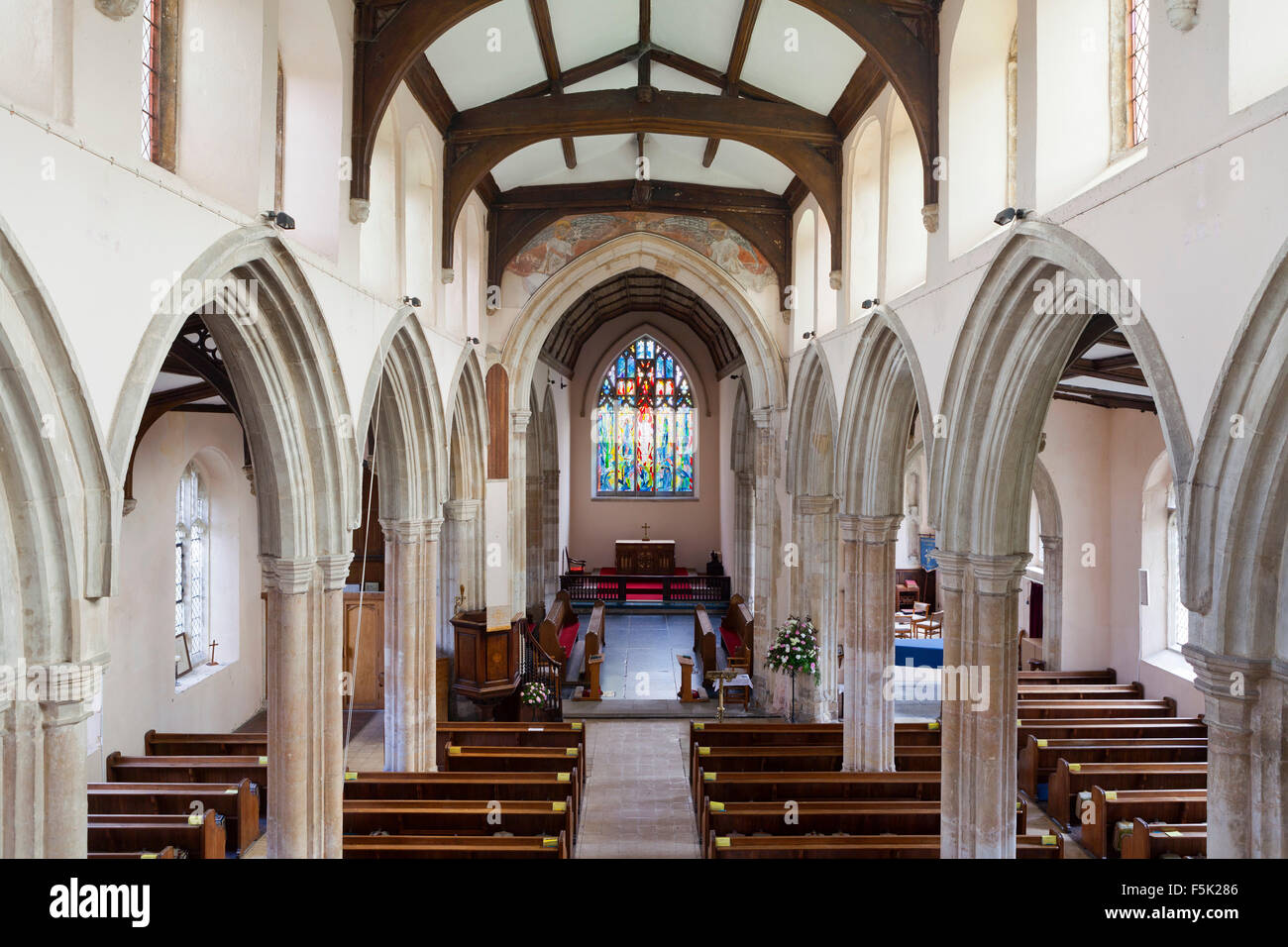 Interior of St Mary's church with stained glass window, Boxford ...