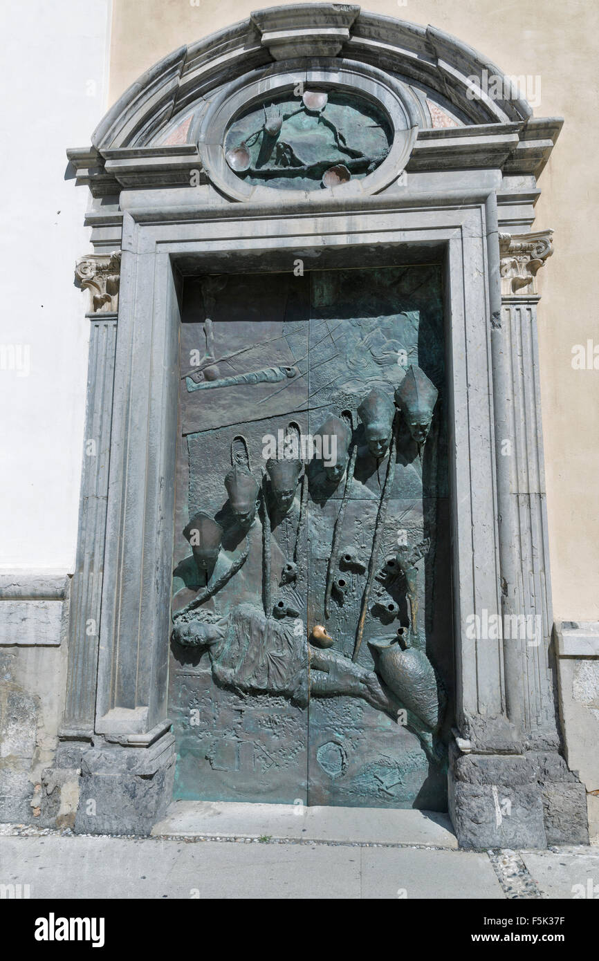 Bronze sculpture of bishops by Marko Mitic on a door on the Cathedral ...