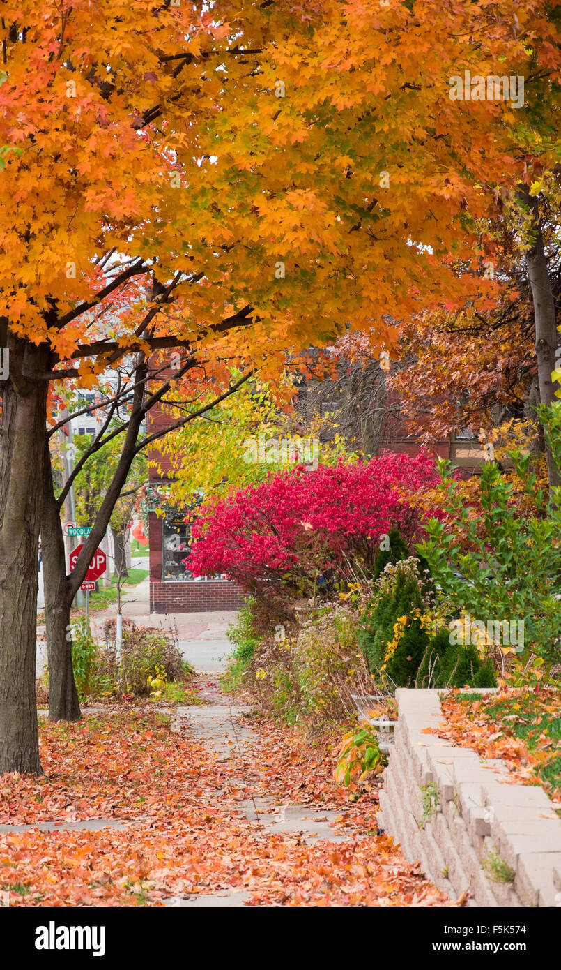 Sidewalk with fall color going down hill Stock Photo - Alamy