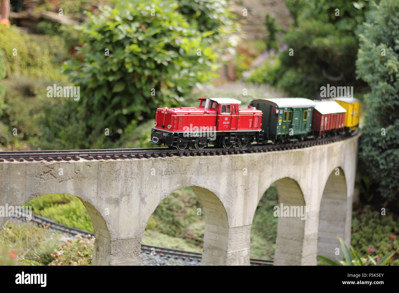 Model train on a miniature railway line. Photo taken on: August 10th ...