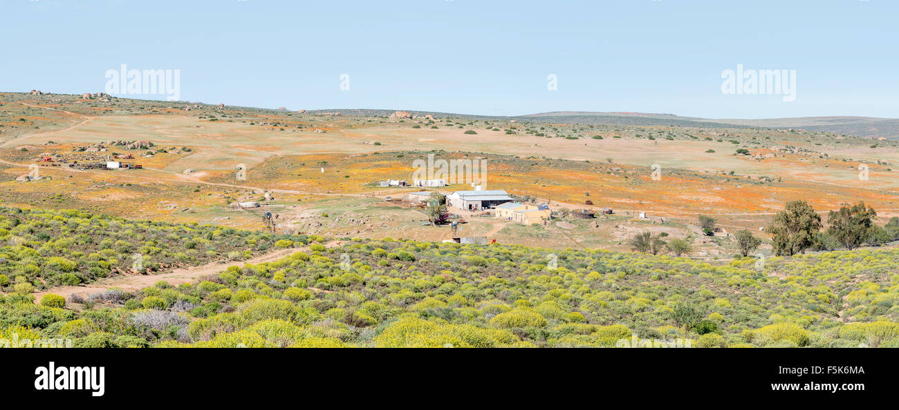 GARIES, SOUTH AFRICA - AUGUST 16, 2015: Panorama of a farm with patches ...