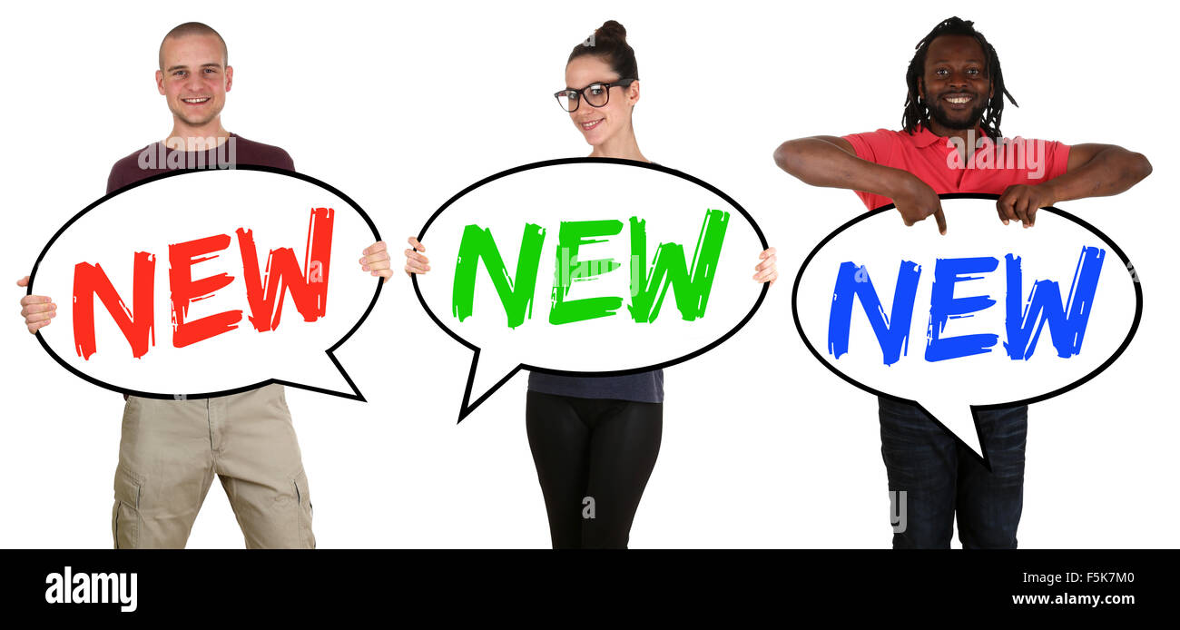 New promotion advert shopping happy young people holding speech bubbles ...