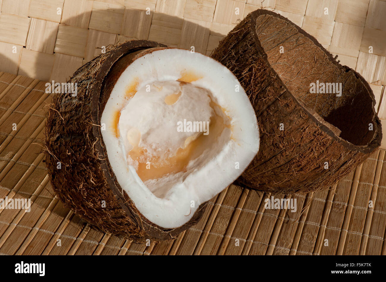 Halved moulded coconut seed interior, opened mature moldy and rotten ...