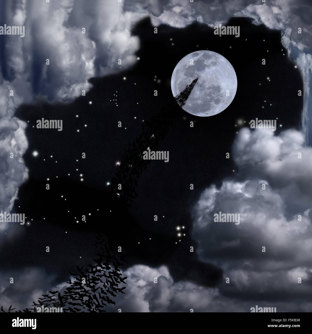 Bats flying again full moon, stars, some constellation and fantasy ...