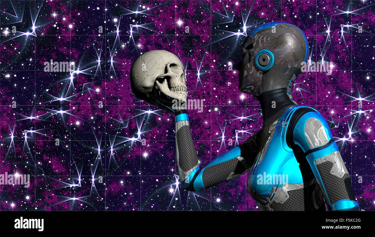 Illustration of futuristic Female Android in Deep Space holding human ...
