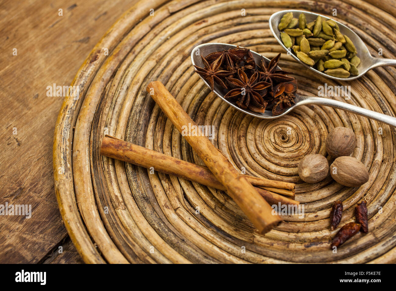 Cinnamon, anice, nutmeg, cardamom, chilli on tray Stock Photo - Alamy