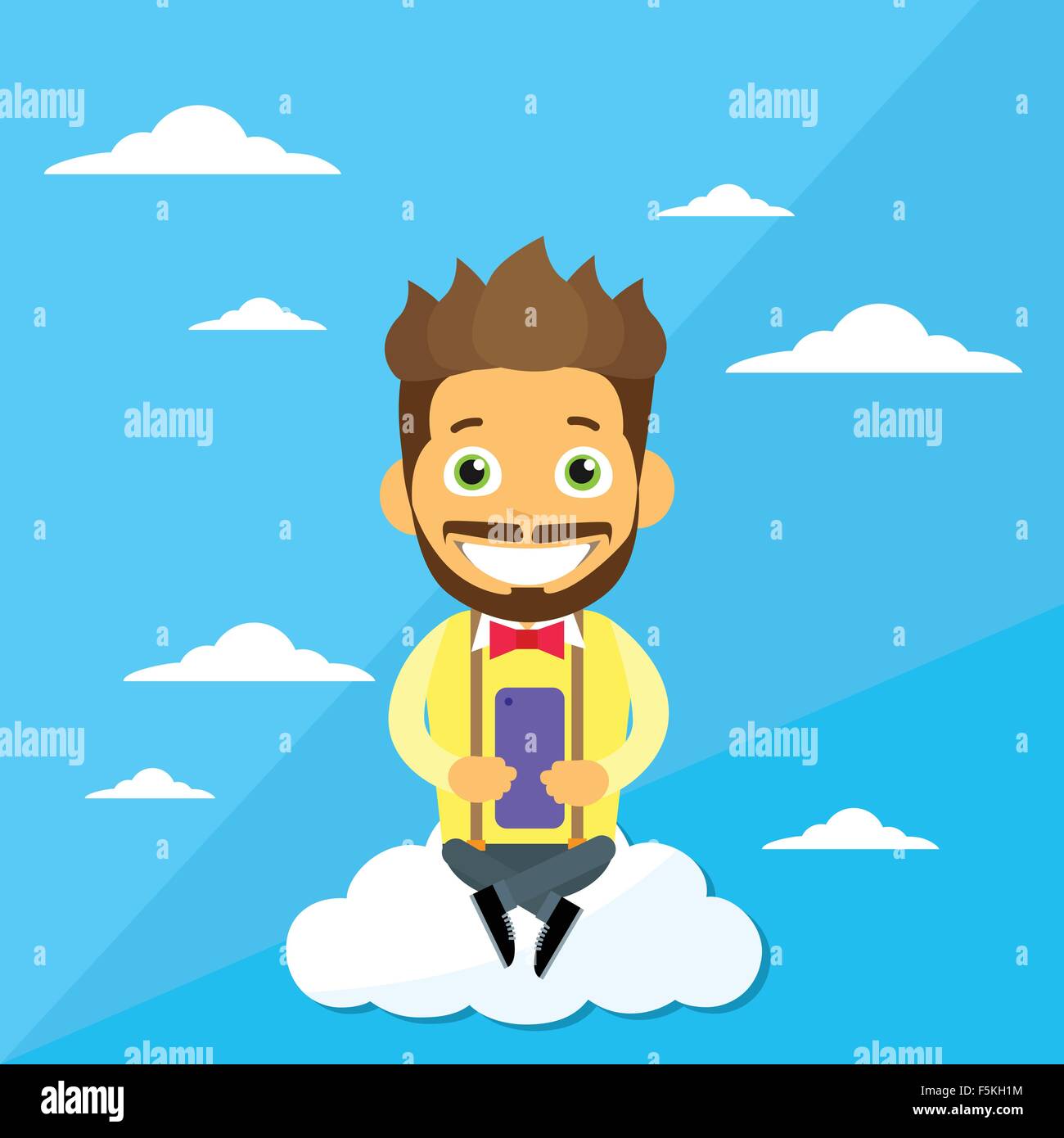 Cartoon Man Sitting on Clouds Use Cell Smart Phone, Internet ...