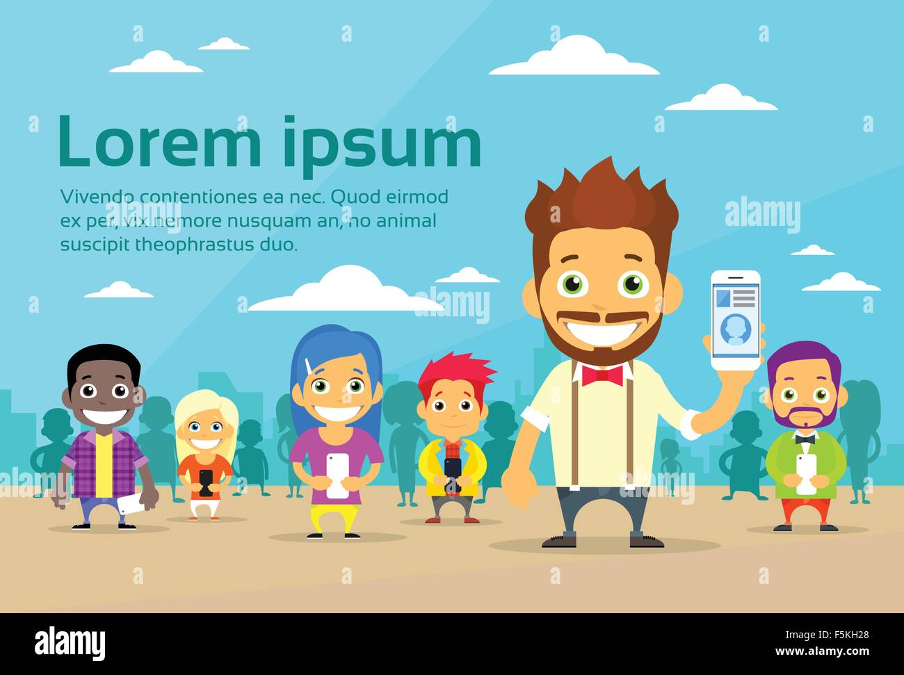 Cartoon Man and Woman People Group Use Smart Phones Internet ...