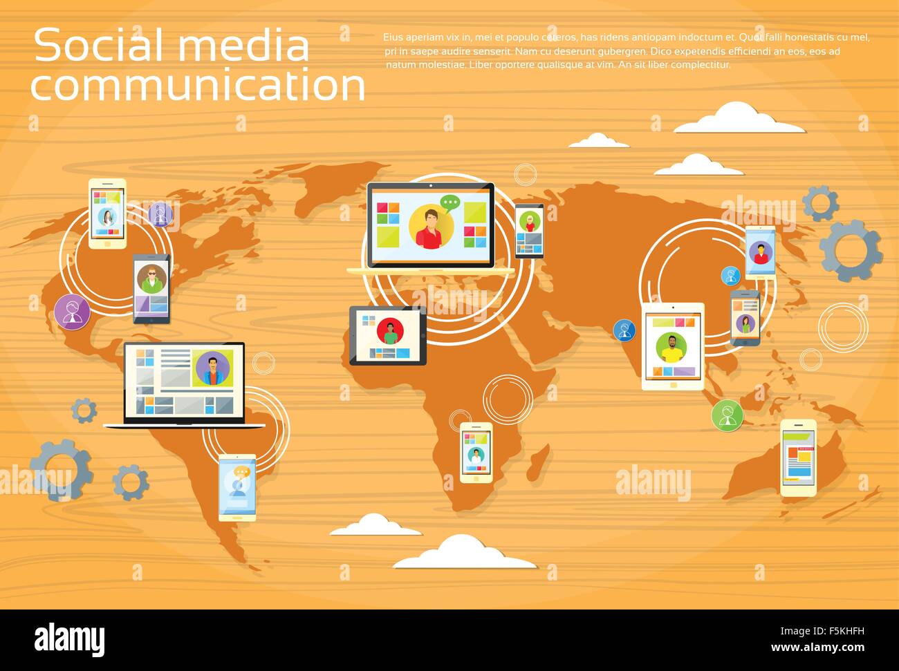 Social Media Global Communication People World Map Digital Device Tablet Computer Laptop Phone ...