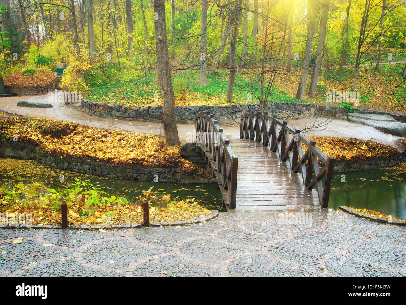 Autumn landscape. Bridge in park. Composition of nature Stock Photo - Alamy