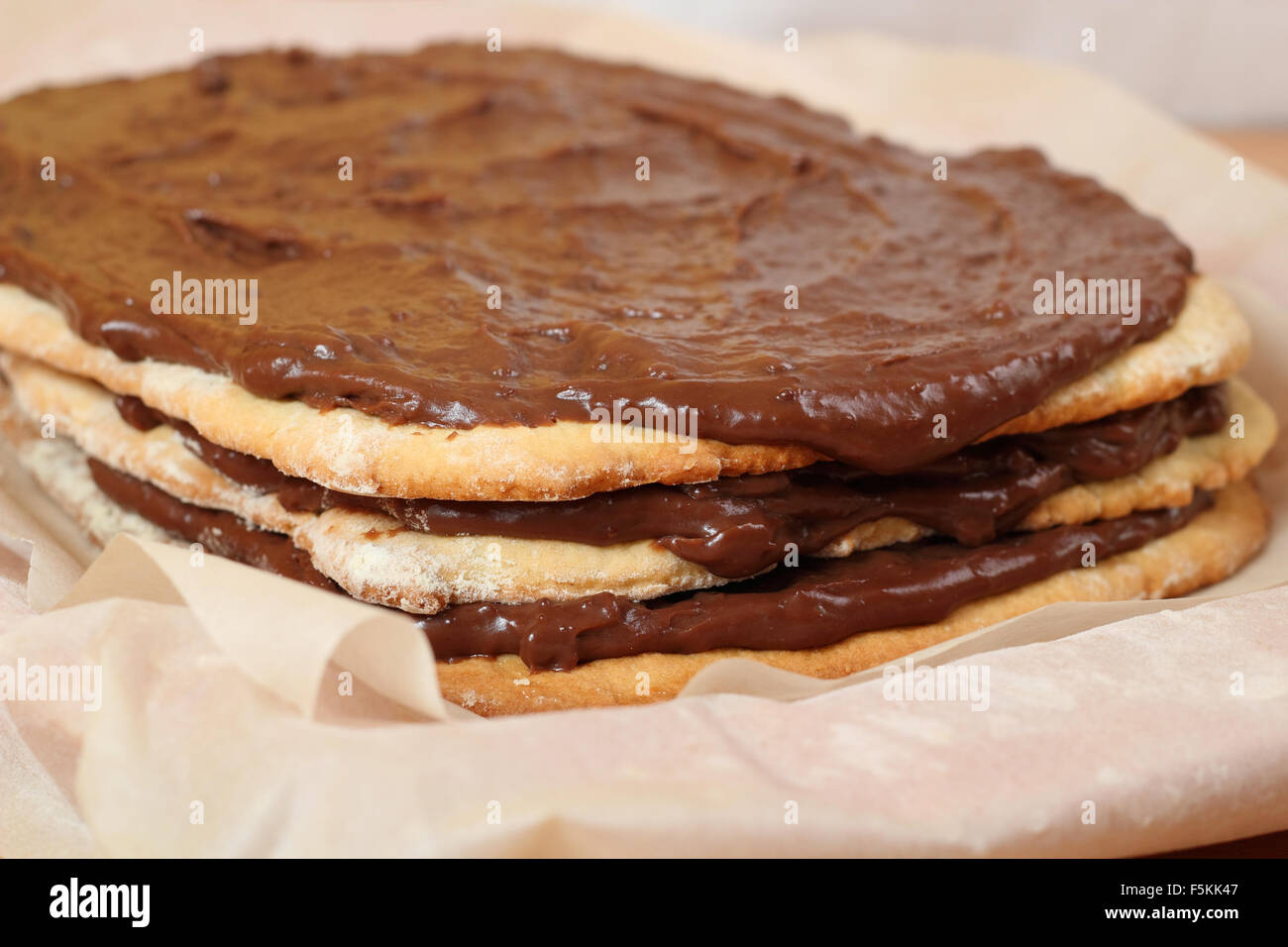 Stacking cake pastry layer. Making Hungarian Cake. Series Stock Photo ...