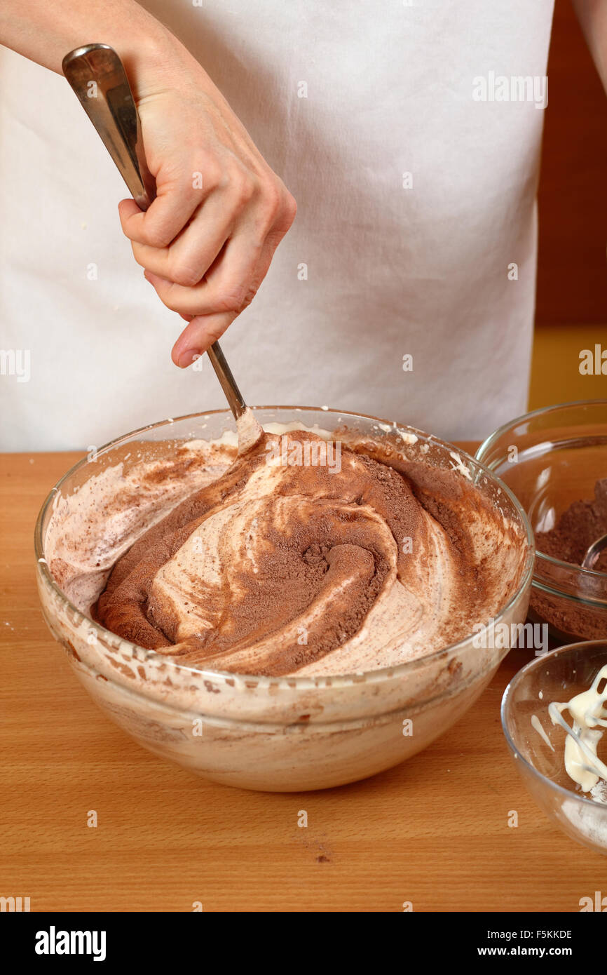 Mixing Cocoa Powder, Flour and Beaten Egg. Making Chocolate Layer Cake ...