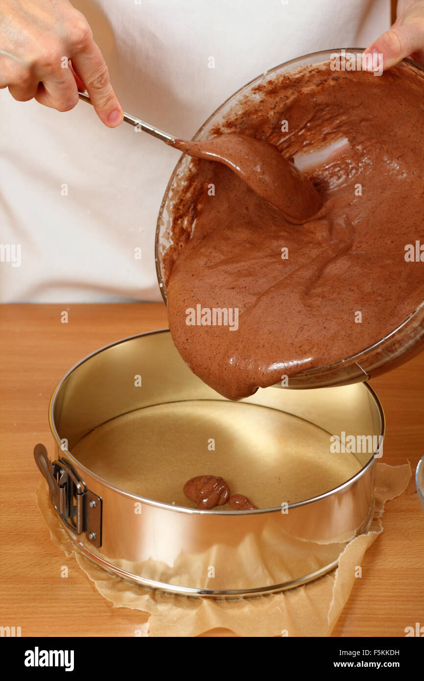 Pouring cake mix into baking tin (springform). Making Chocolate Layer ...