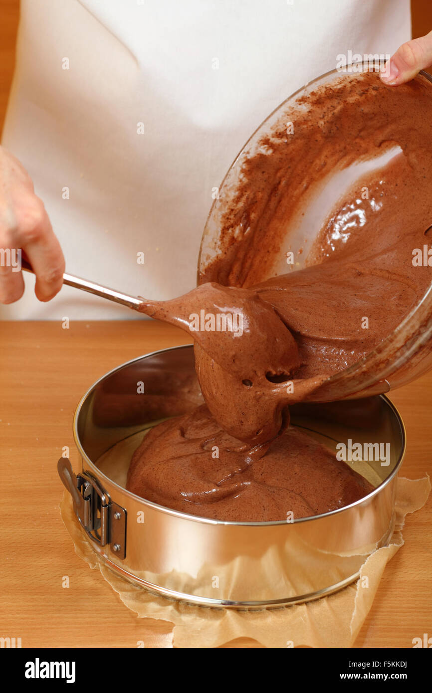 Pouring cake mix into baking tin (springform). Making Chocolate Layer ...