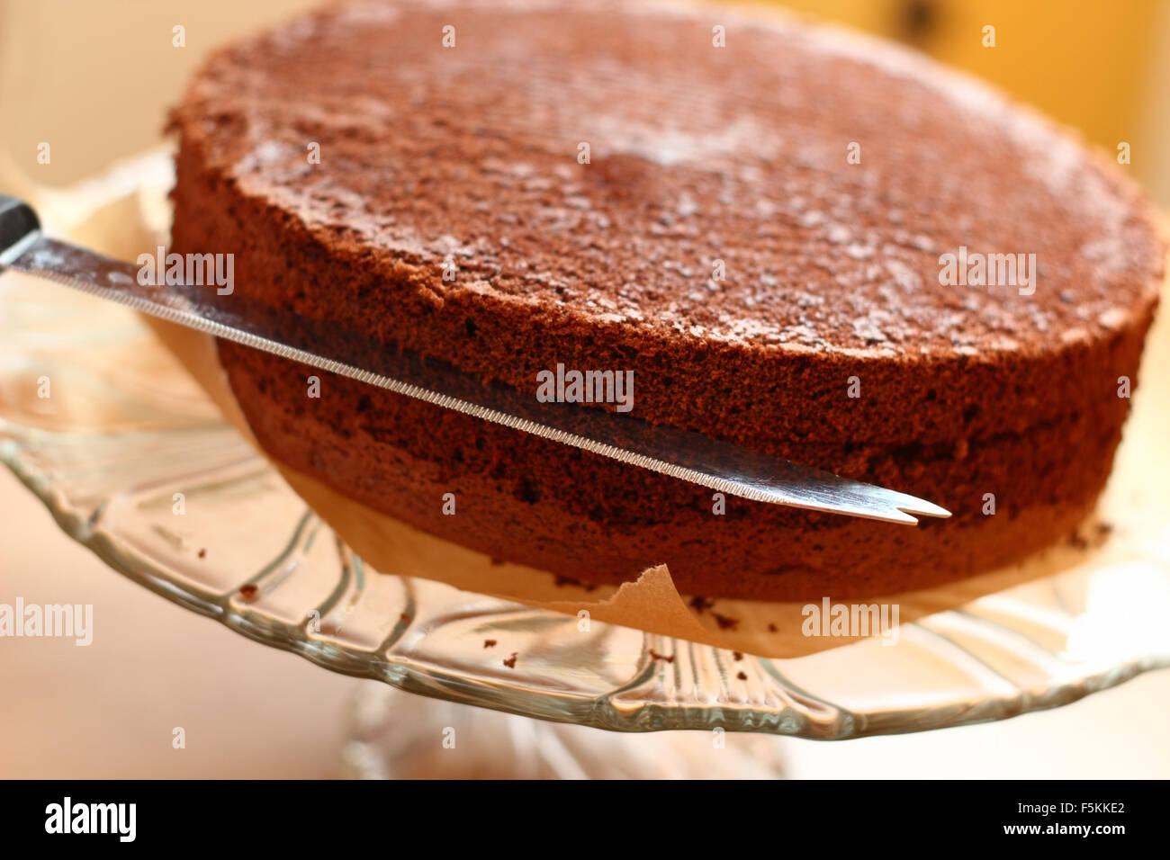 Cutting Cake on Layers. Making Chocolate Layer Cake. Series Stock Photo ...