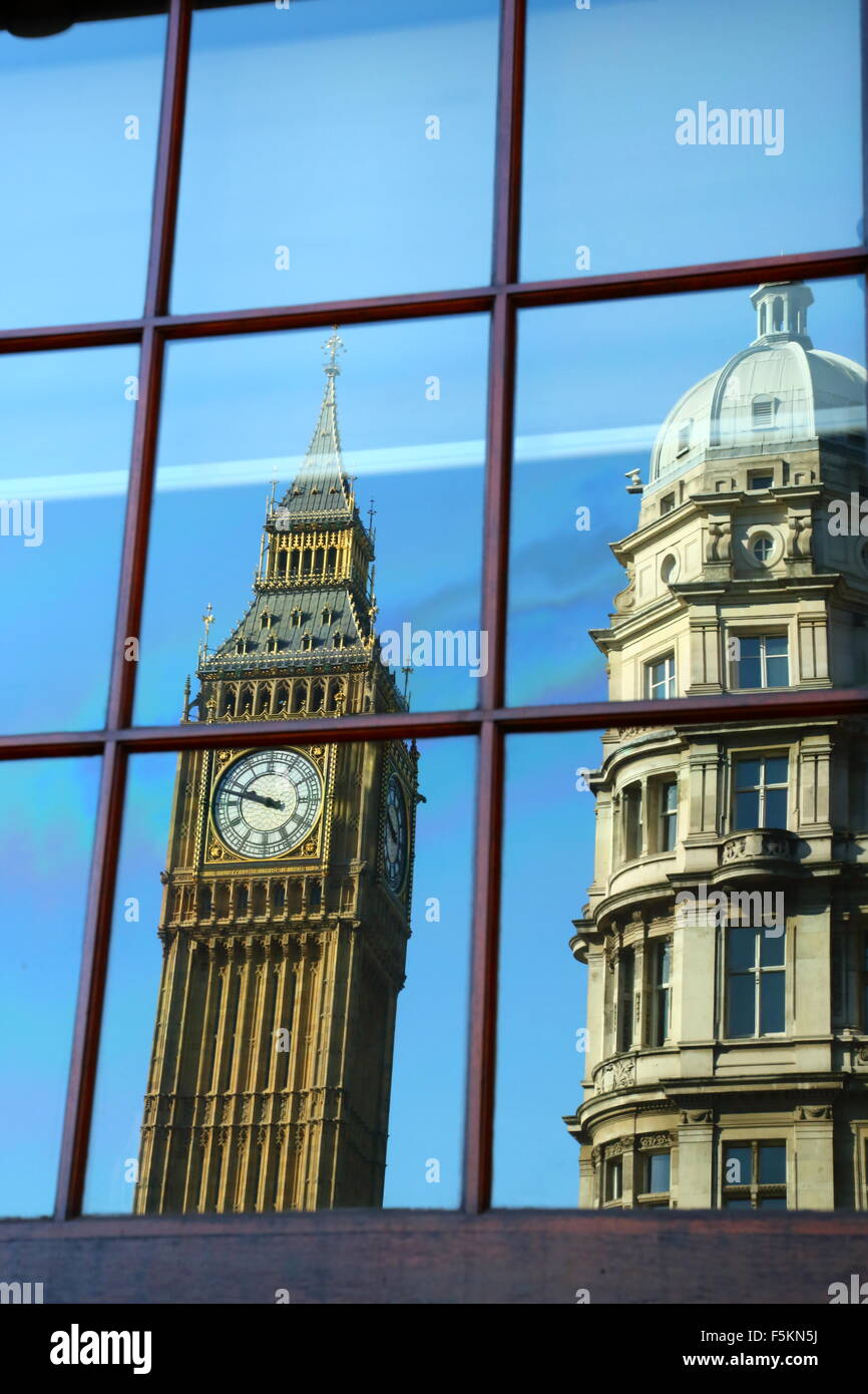 Big Ben reflected in a window, City of Westminster, London, UK, against ...