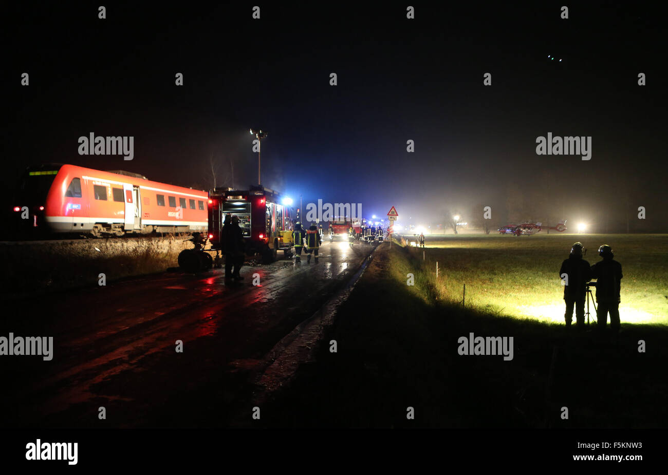 Firefighters secure the area of a train accident near Freihung, Germany ...