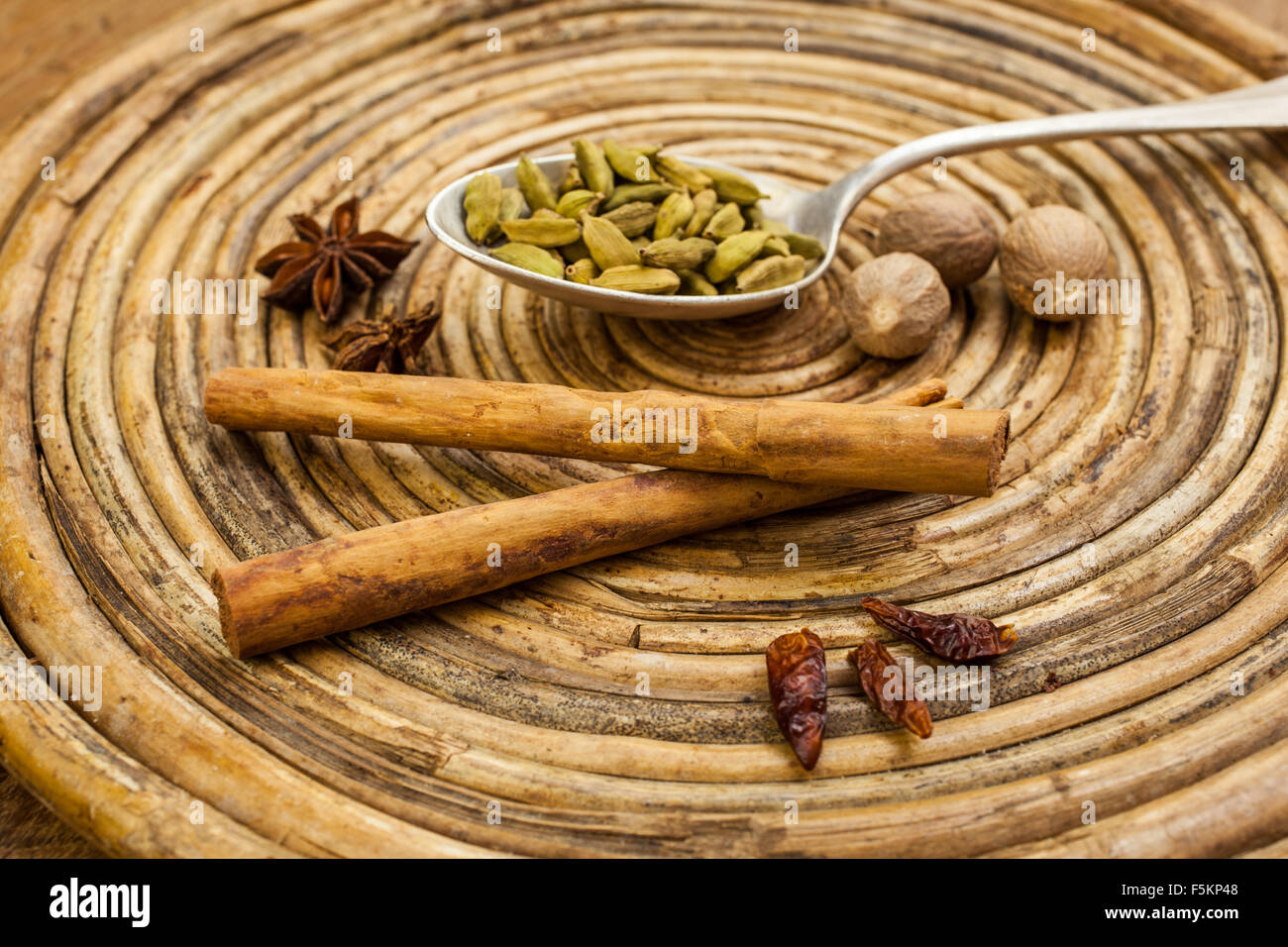 Cinnamon, anice, nutmeg, cardamom, chilli on tray Stock Photo - Alamy