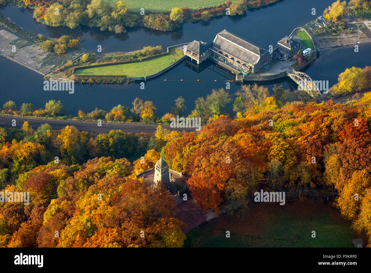 Berger monument in the recreation area Hohenstein, Witten, Ruhr Aeria ...