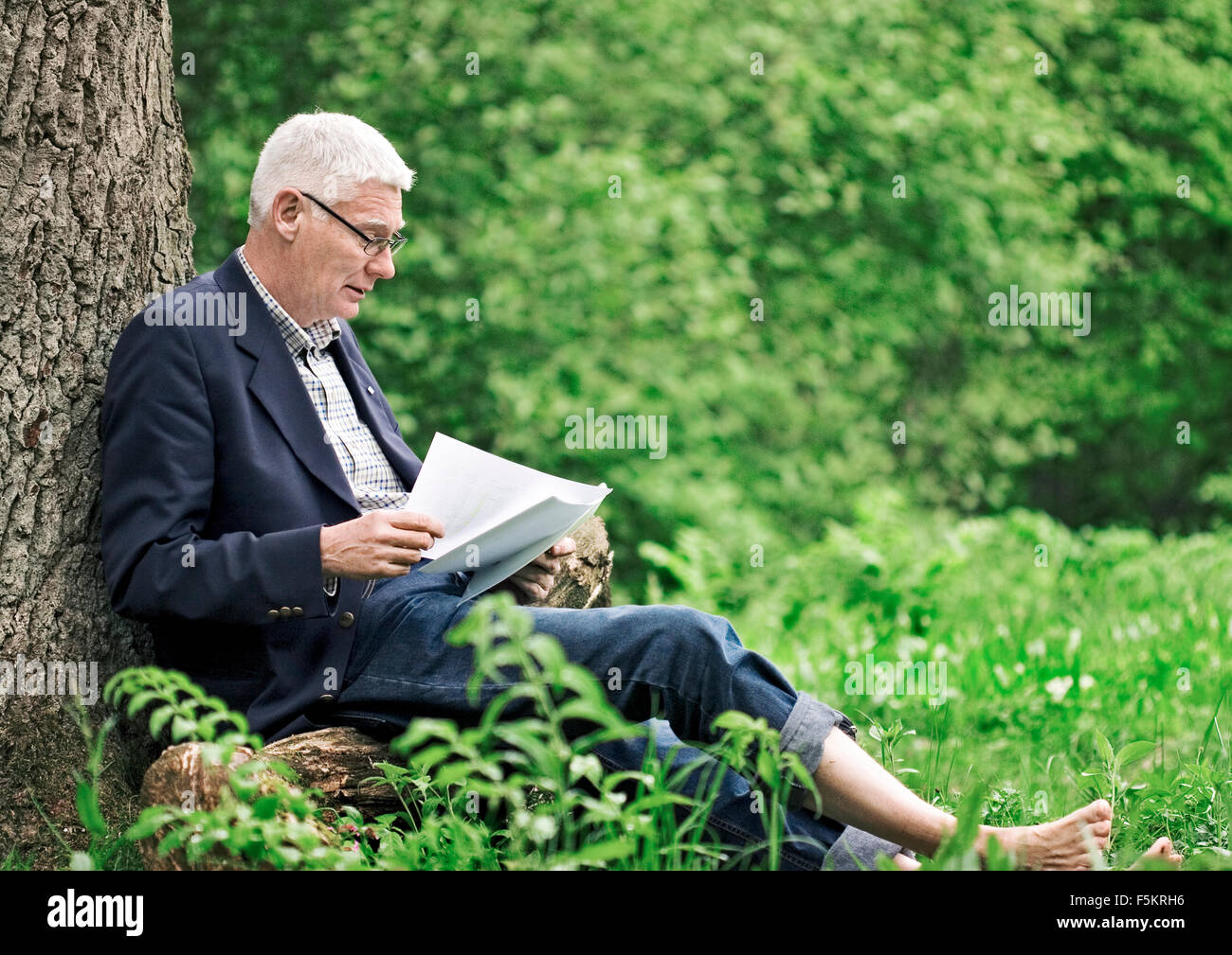 Sweden, Vastergotland, Goteborg, Man sitting under tree reading Stock ...