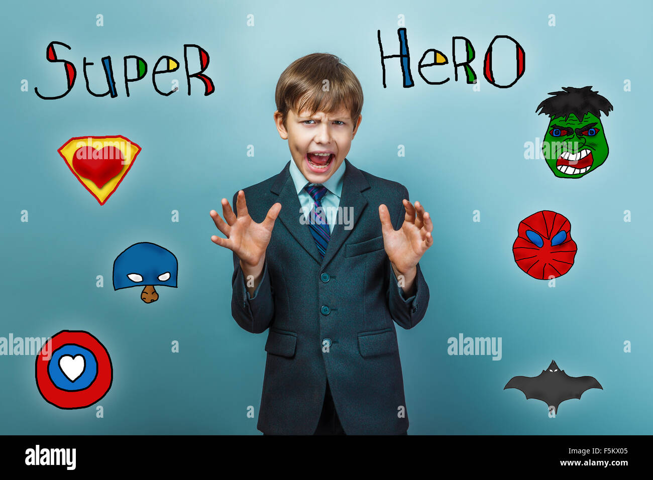 boy screaming angry businessman superhero super power at the pho Stock ...