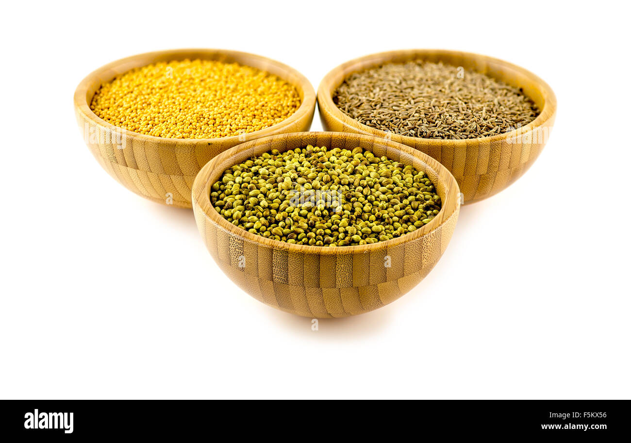 Three spices coriander, cumin, mustard with shallow depth of field ...