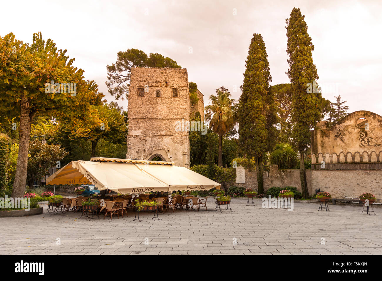 Arched entrance tower to Villa Rufolo on Piazza Duomo, the historic ...