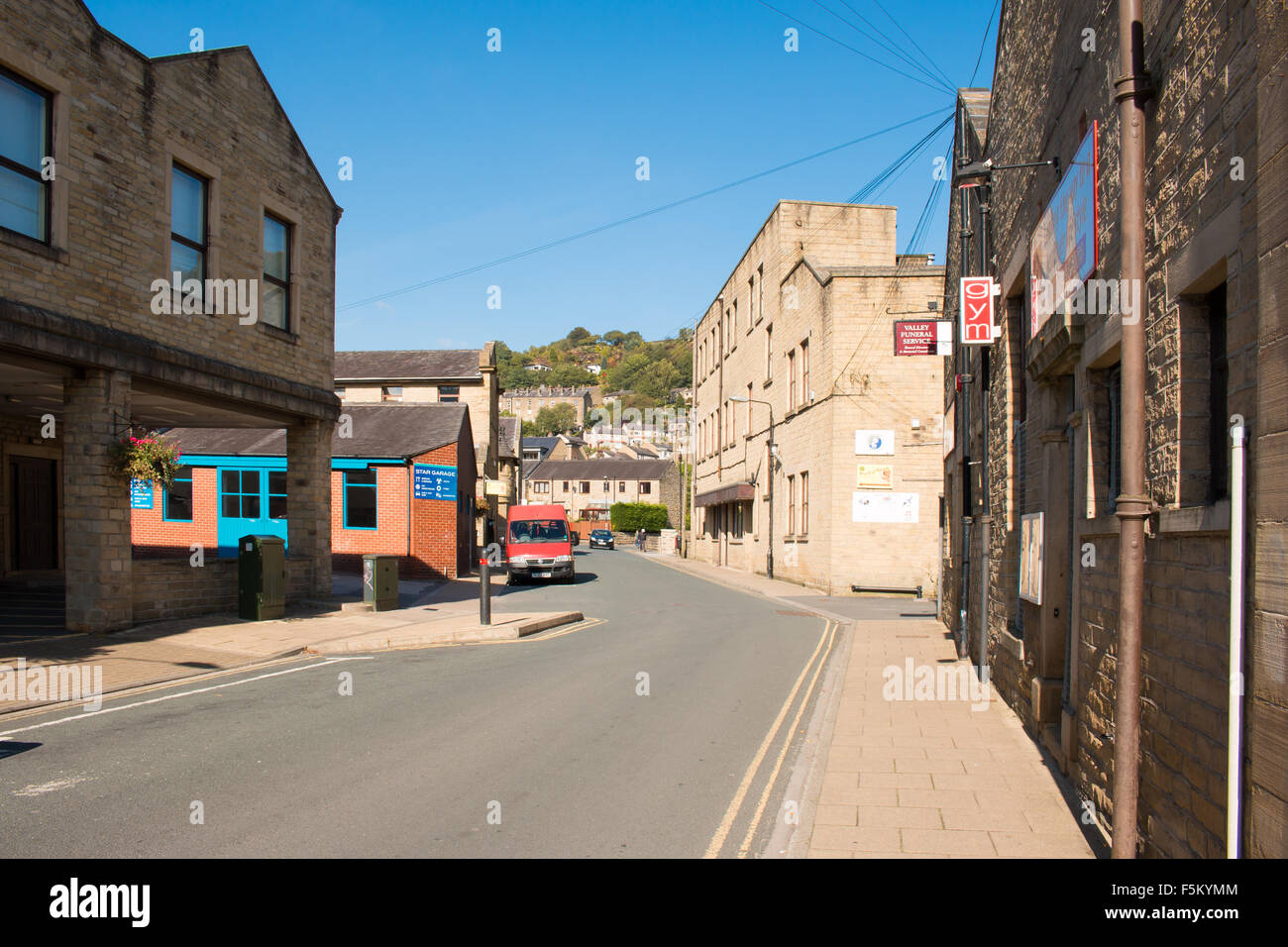 Townscape of Hebden Bridge town centre during a sunny day. Hebden ...