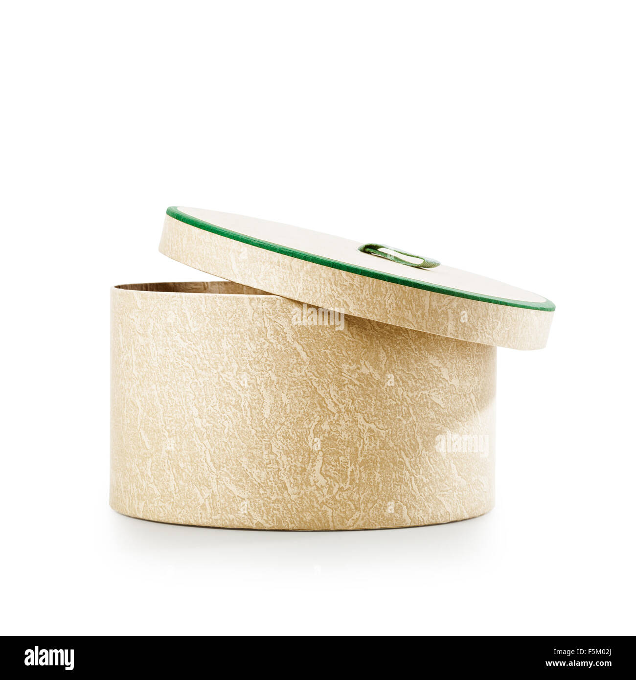 Open beige round gift box. Holiday present. Object isolated on white ...