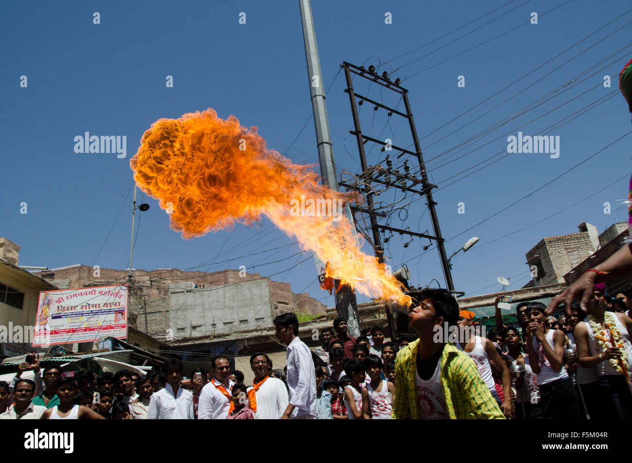 Boy fire breathing in ram navmi procession, jodhpur, rajasthan, india ...