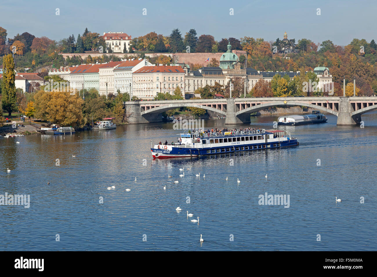 excursion boats, Manes Bridge, River Vltava, Prague, Czech Republic ...