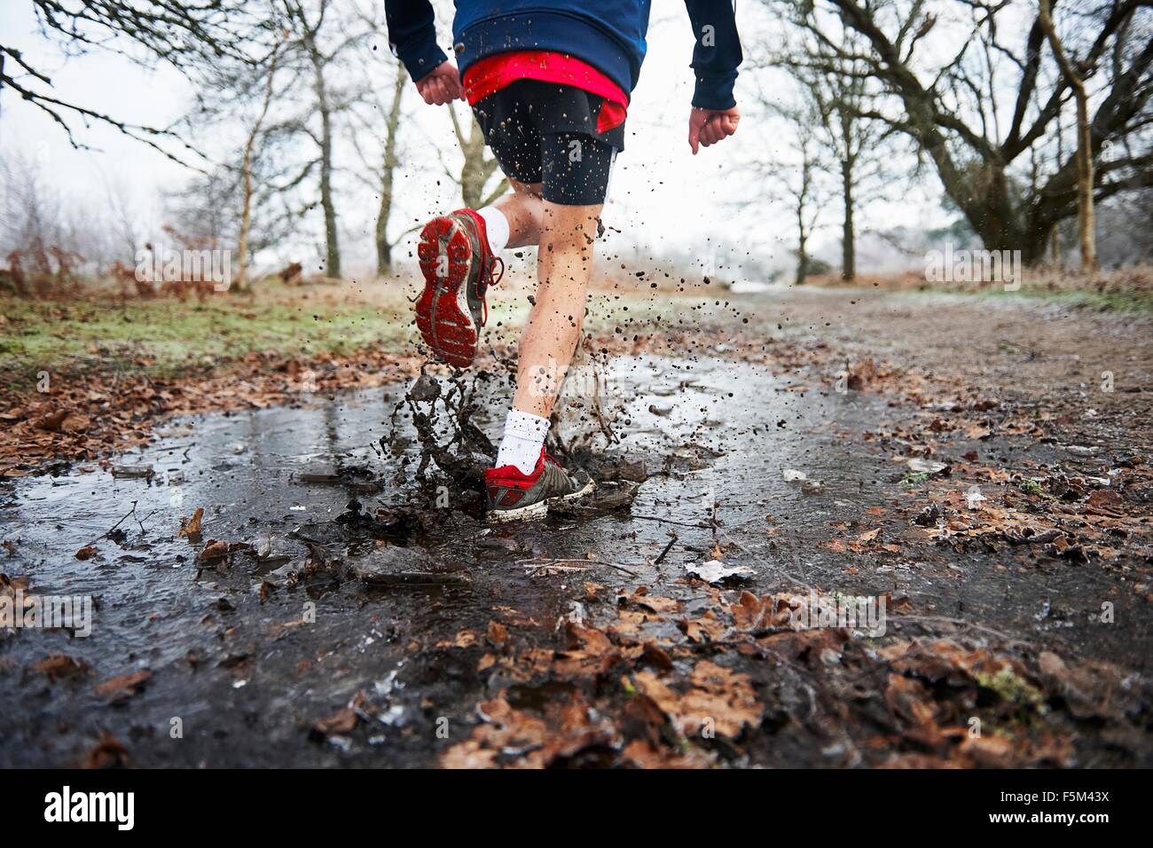 Rear view of teenage boy running through puddle splashing Stock Photo ...