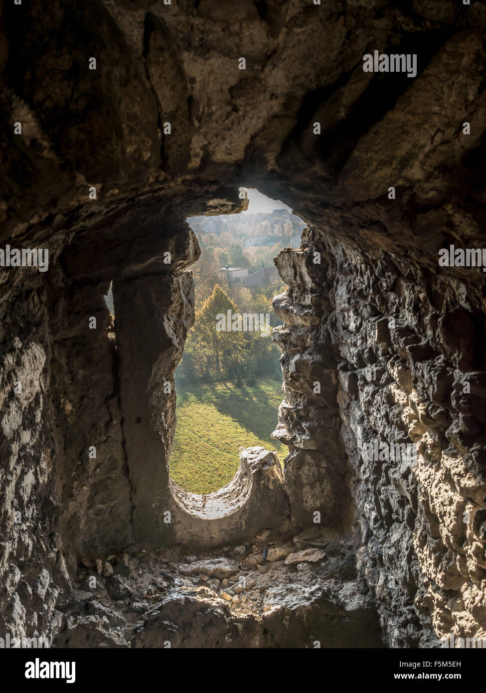 Fortified wall embrasure in the medieval castle Ogrodzieniec, on the ...