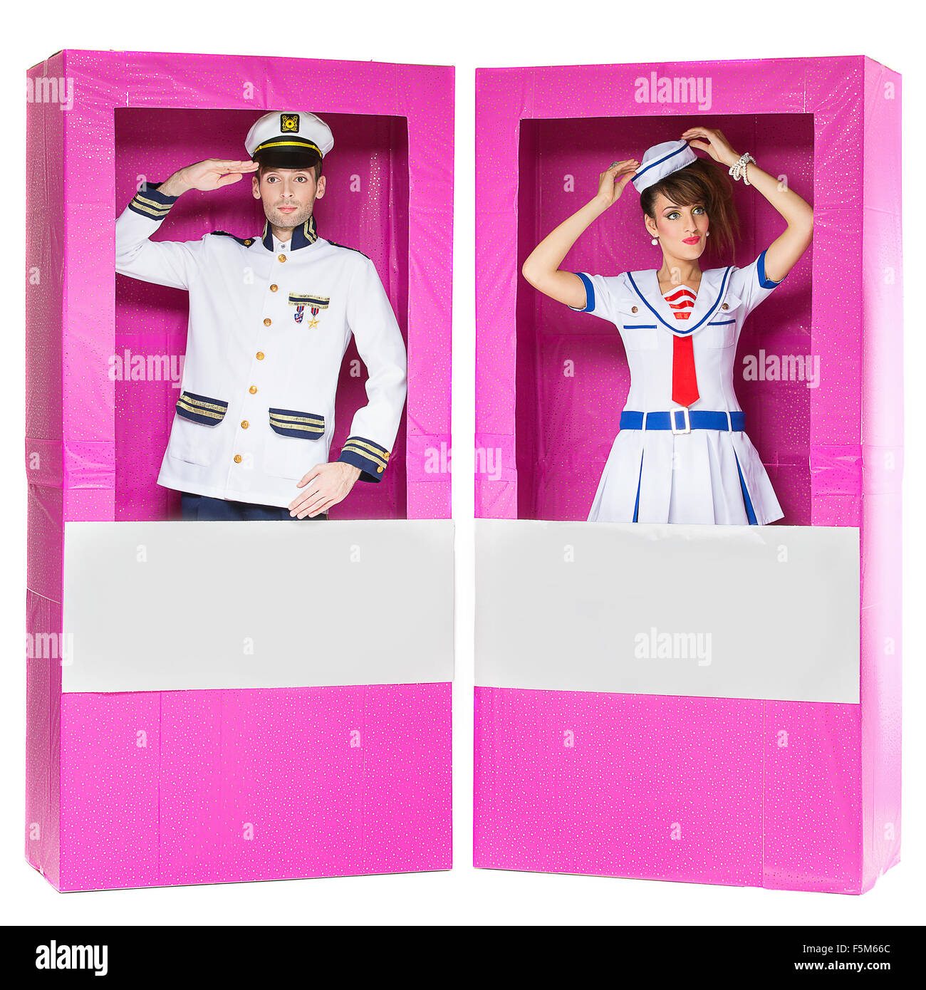 Boy and girl looking like dolls in boxes Stock Photo - Alamy