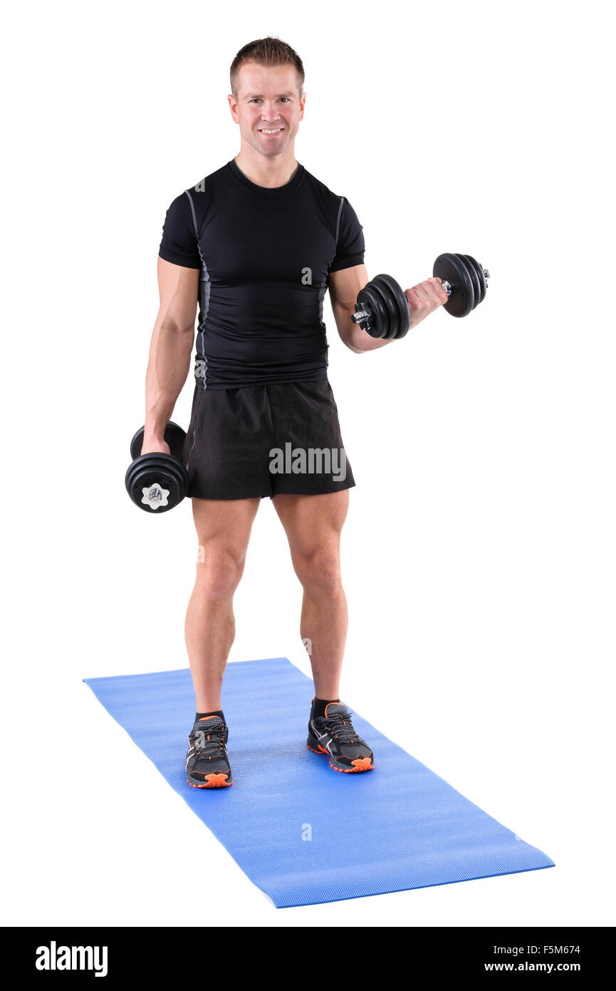 young man shows finishing position of biceps curl Stock Photo - Alamy