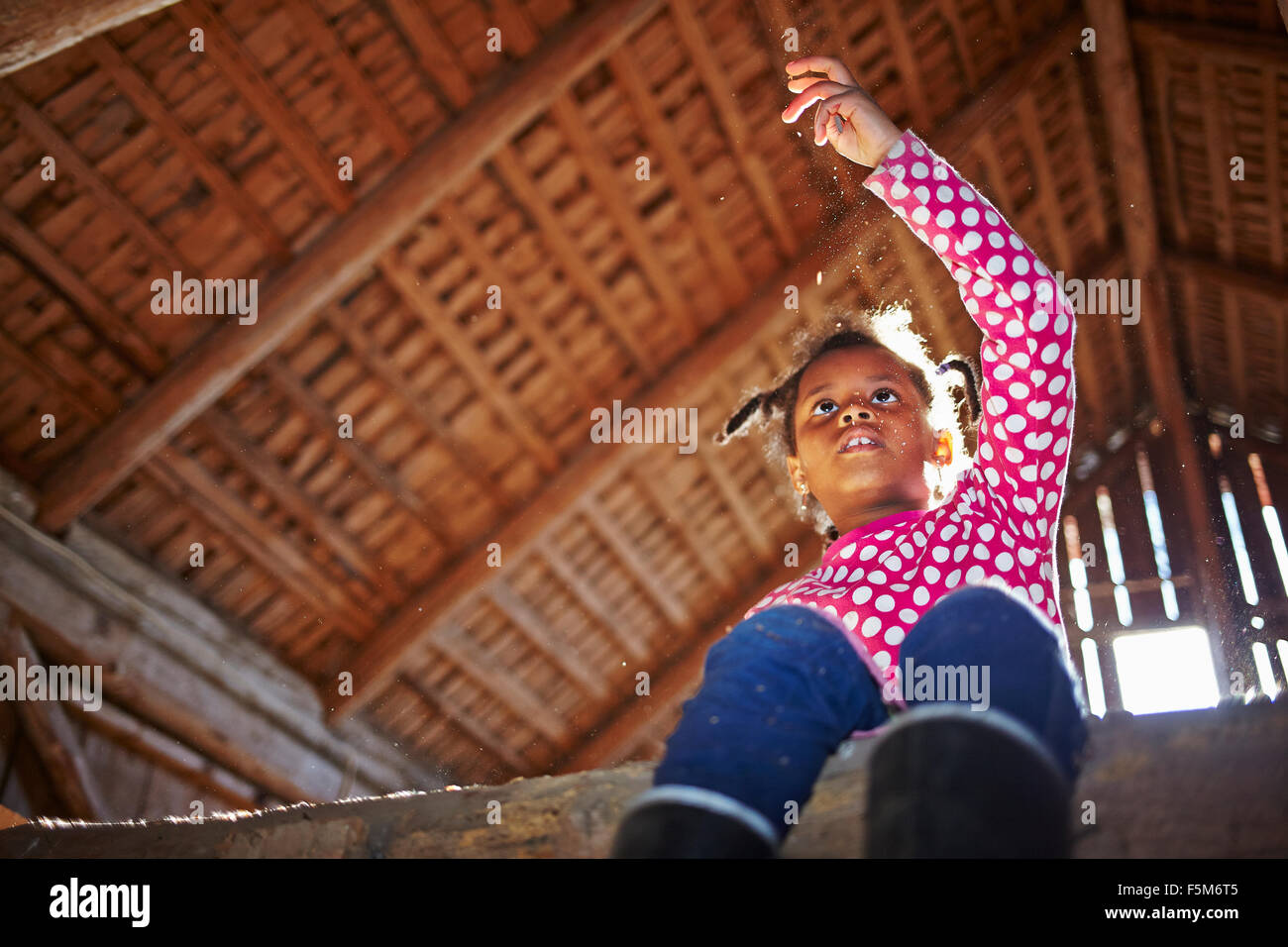 Sweden, Vastra Gotaland, Gullspang, Runnas, Girl (6-7) sitting in barn ...