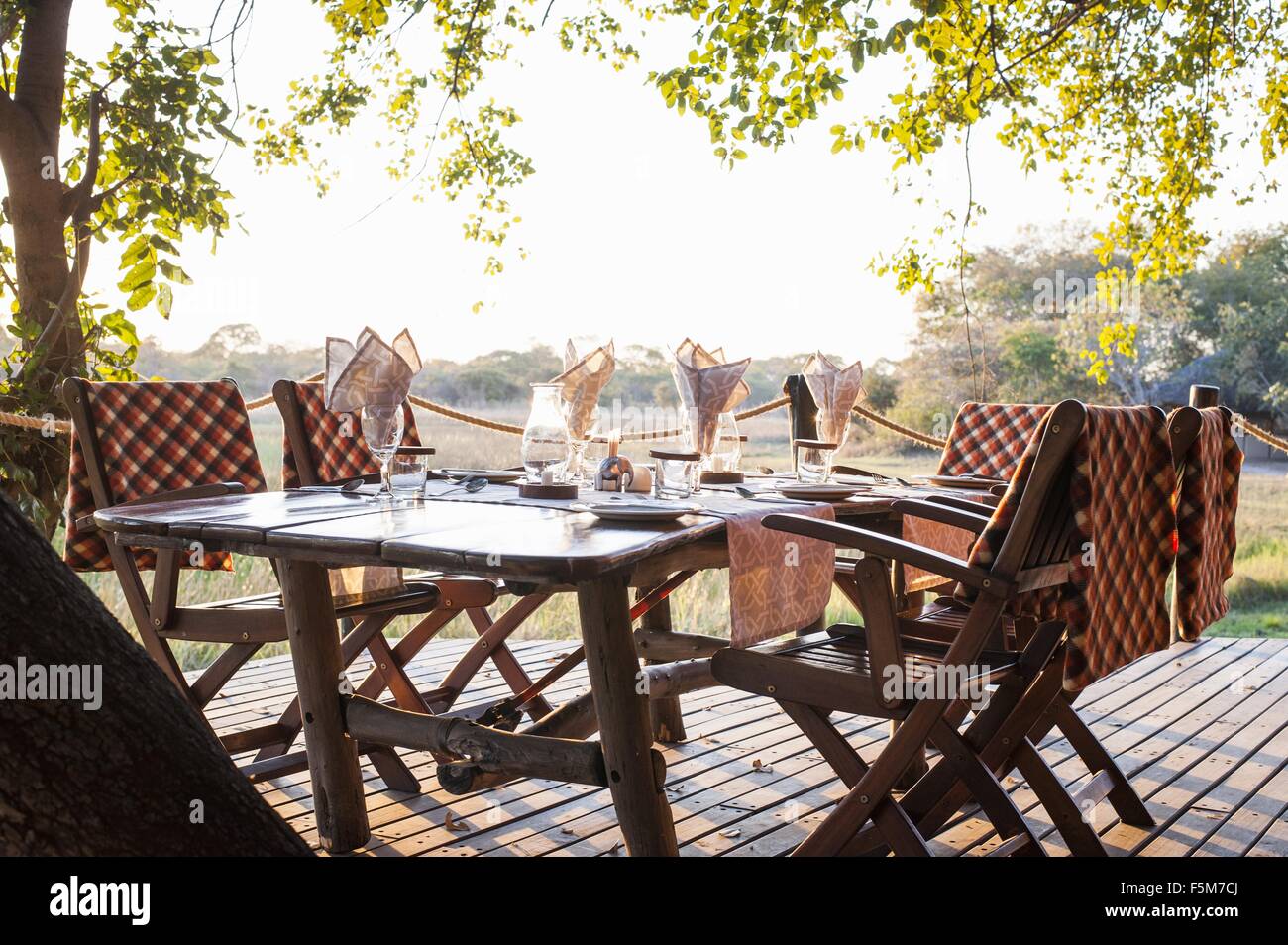 View of dining table at safari lodge, Kafue National Park, Zambia Stock ...
